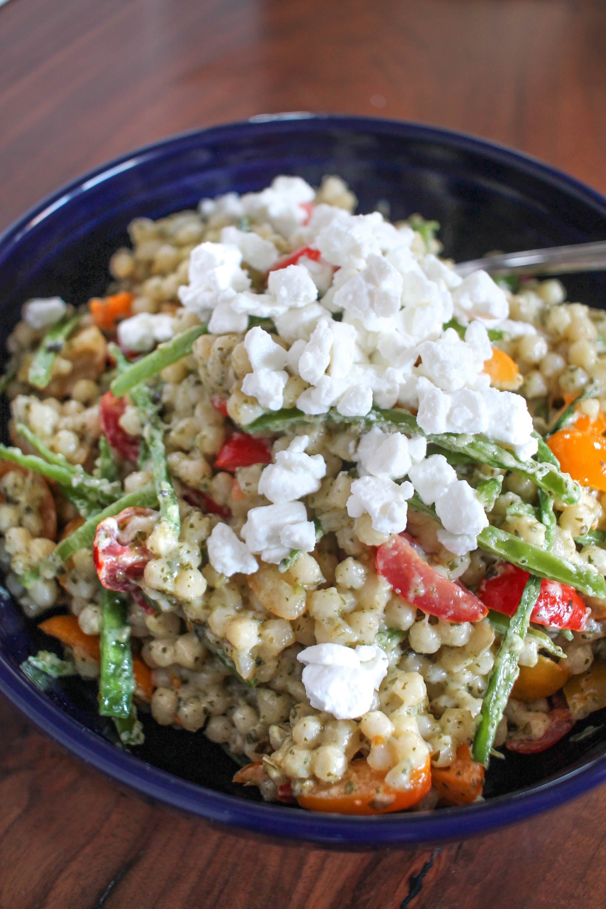 Couscous Salad with Pesto, Goat Cheese, and Veggies - thekittchen