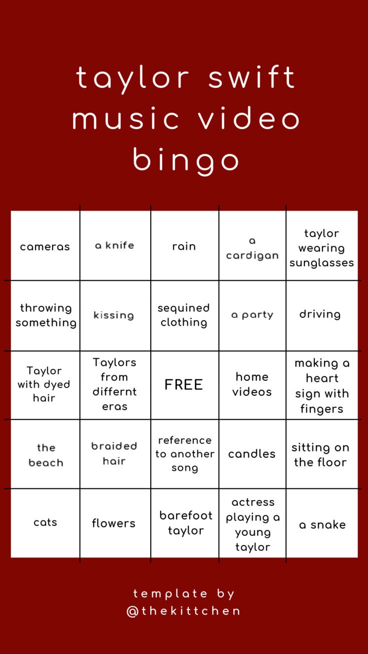 Taylor Swift Music Video Bingo - thekittchen